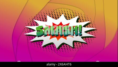 Image of smash text on retro speech bubble over black spots on grey ...