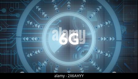 Image of 6g text over round scanner spinning and microprocessor ...