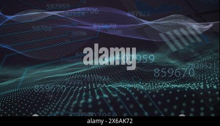 Image of changing numbers and digital wave over data processing against ...