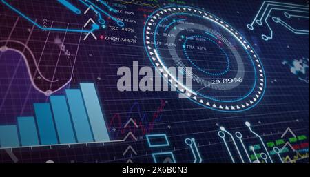 Image of interface with round scanner and stock market data processing ...