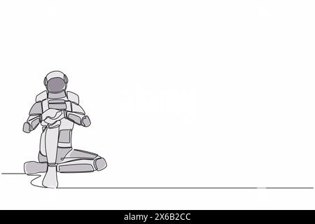 Single one line drawing sad young astronaut suffer emotion sitting in ...