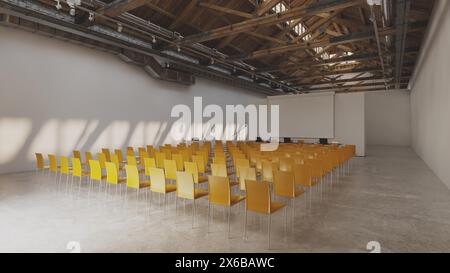 Rows of symmetrical yellow chairs are neatly arranged in a rectangular ...