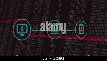 Image of falling icons over data processing on dark background Stock ...