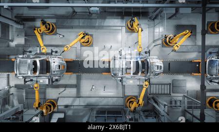 Aerial Car Factory 3D Concept: Automated Robot Arm Assembly Line Manufacturing Advanced High ...