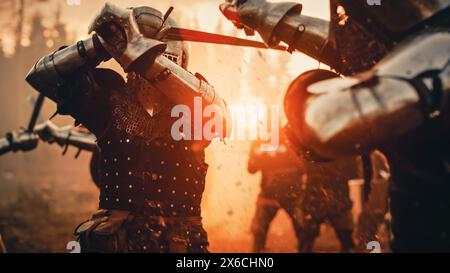 Epic Battlefield: Two Armored Medieval Knights Fighting with Swords ...