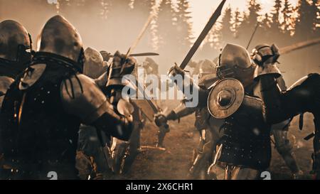 Epic Battlefield: Armies of Medieval Knights Fighting with Swords. Dark ...
