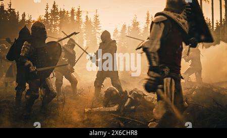 Epic Battlefield: Two Armored Medieval Knights Fighting with Swords. Dark Ages Army Warfare ...