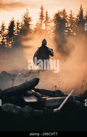Medieval Knight Walking on Battlefield amidst Dead Enemies. Last ...