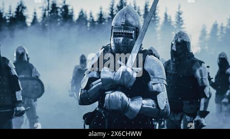 Epic Battlefield: Portrait of Knight Leader Wearing Helmet, Holding ...