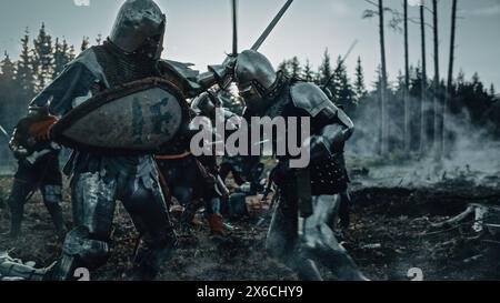 Epic Battlefield: Armies of Medieval Knights Fighting with Swords. Dark ...