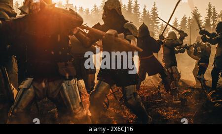 Epic Battlefield: Armored Medieval Knights Fighting with Swords. Dark ...