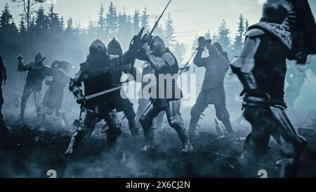 Epic Battlefield: Armies of Medieval Knights Fighting with Swords. Dark ...