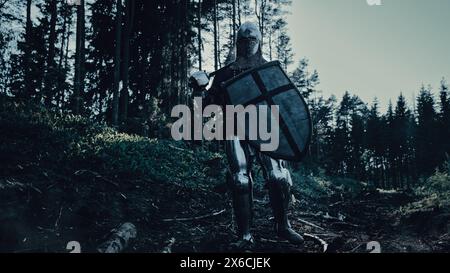 Lonesome Medieval Warrior Marching Through Forest. Last Surviving ...