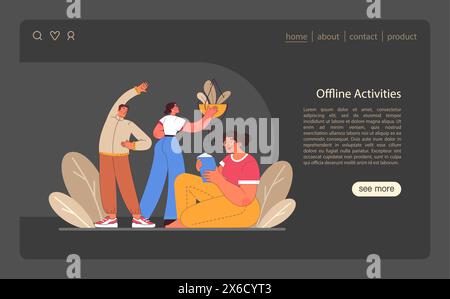 Digital detox web or landing dark or night mode set. Characters ...