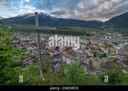 View for Naters part of town in spring cloudy night in Brig Switzerland ...