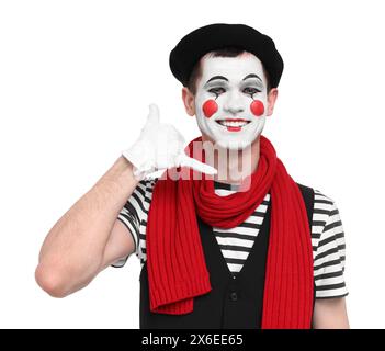 Funny mime artist showing call me gesture on white background Stock ...