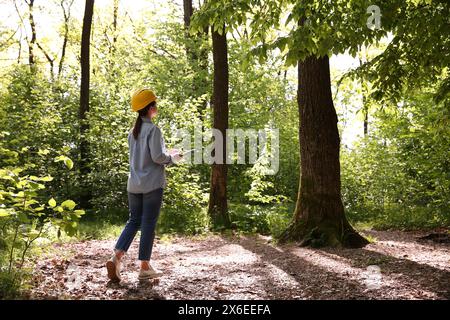 Forester with clipboard examining plants in forest, back view Stock ...