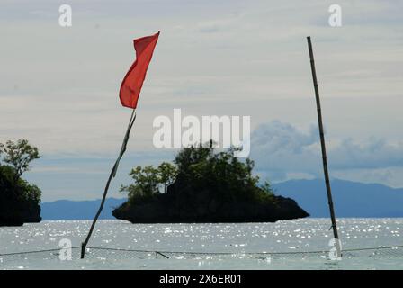 Poles with red flag to indicate position of fishing pots. Piagao ...