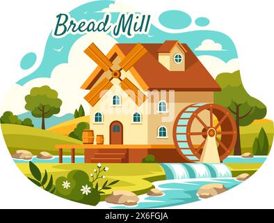 Bread Mill Illustration with Wheat Sacks, Various Breads and Windmill ...