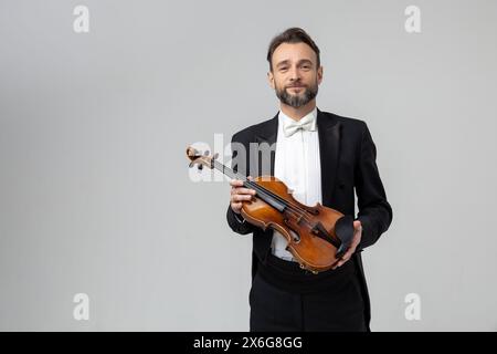 Bearded musician performed violin at classical music concert Stock ...