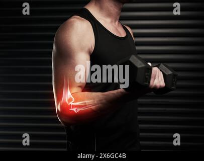 Fitness, weightlifting and dumbbell, arm injury and woman in pain, red ...