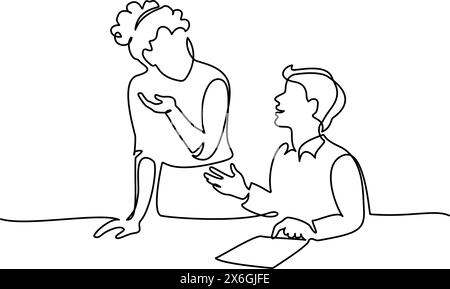 Female teacher explaining a task to a boy student. One line drawing ...