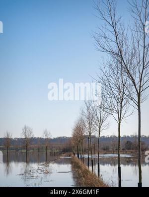 Flooded and Frozen Somerset Levels near Highbridge and Burrow Hill ...