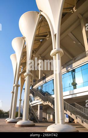 Exterior view of the curvy, white, fabric, textile design. At the ...