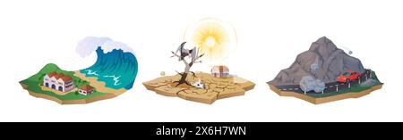 Natural disasters danger 2D cartoon objects set. Catastrophic accidents ...