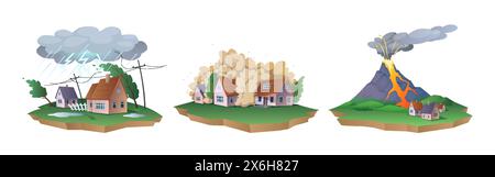 Natural disasters danger 2D cartoon objects set. Catastrophic accidents ...