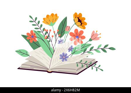 Open book with leaves, flat cartoon isolated on white background ...