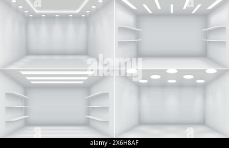 Empty stores premises realistic 3d illustration set. Shops enclosure ...