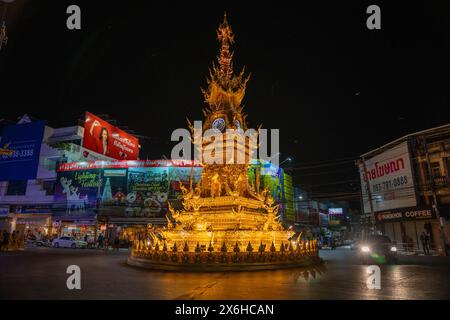 Chiang Rai Famous Clock Tower building. Fantastic view of ornate golden ...