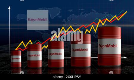 Poznan, Poland, May 12, 2024: ExxonMobile oil fuel and gas barrels in ...