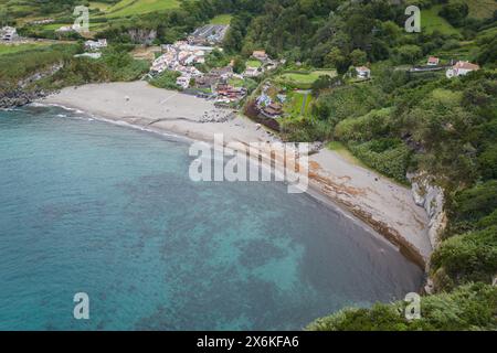 Aerial view of Praia do Moinhos beach in Sao Miguel island, Azores ...