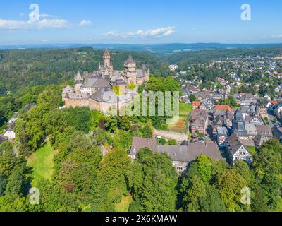 Aerial view of Braunfels castle and palace, castle towers Hubertusturm ...