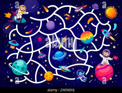 Help cute boy astronaut find a way to the rocket. Black and white space ...