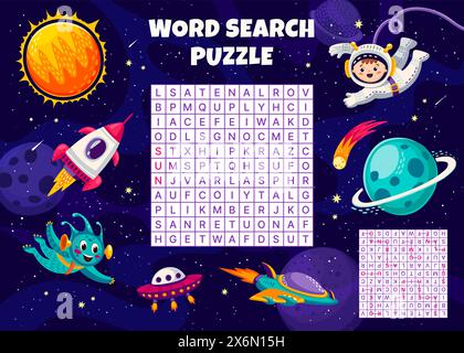 Word search puzzle game, astronaut and rocket between space planets ...