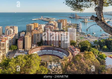 The drone aerial view of Malagueta beach at sunrise in Malaga, Spain ...