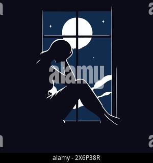 Reflective Silhouette of a Sad Woman by the Window: Evocative Nighttime ...