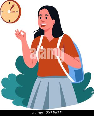 Vector illustration of a cheerful student checking the time, presented ...