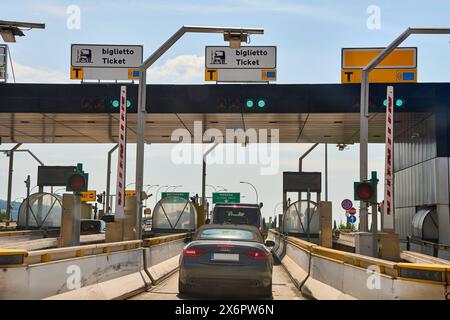 Italy - 11 May 2024: Toll station on the highway in Italy. Tolls on ...