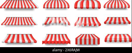 Store canopies. Red storefront canopy or striped awnings shop, sunshade sheltered market rain ...