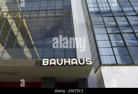 Dessau, Germany 03-16-2024 Bauhaus, main building with entry and logo ...