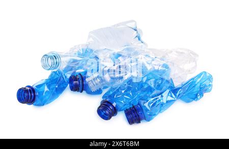 Crumpled disposable plastic bottles on white background Stock Photo - Alamy