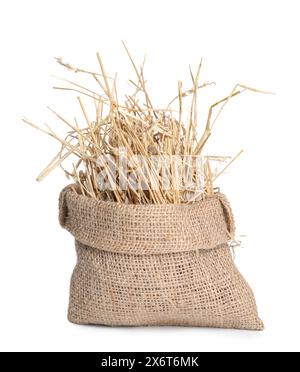 Dried straw in burlap sack isolated on white Stock Photo - Alamy