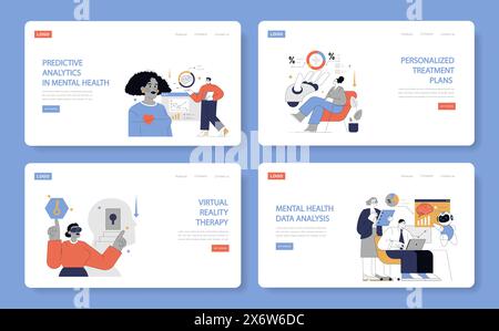 AI in Psychology set. Personalized treatment, therapy bots, and virtual reality applications ...