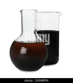 Beaker and flask with different types of oil isolated on white Stock ...