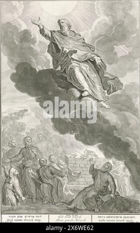 Enoch ascends to heaven. On the ground at an altar watching people ...