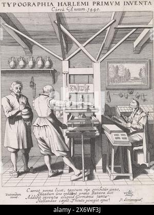 Figures at a printing press, Typographia Harlemi primum inventa cira ...